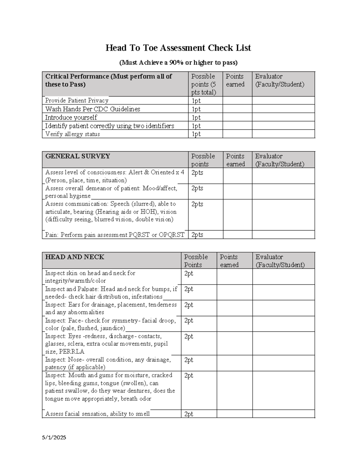 Head to Toe Assessment Checklist (Critical Performance) - Studocu