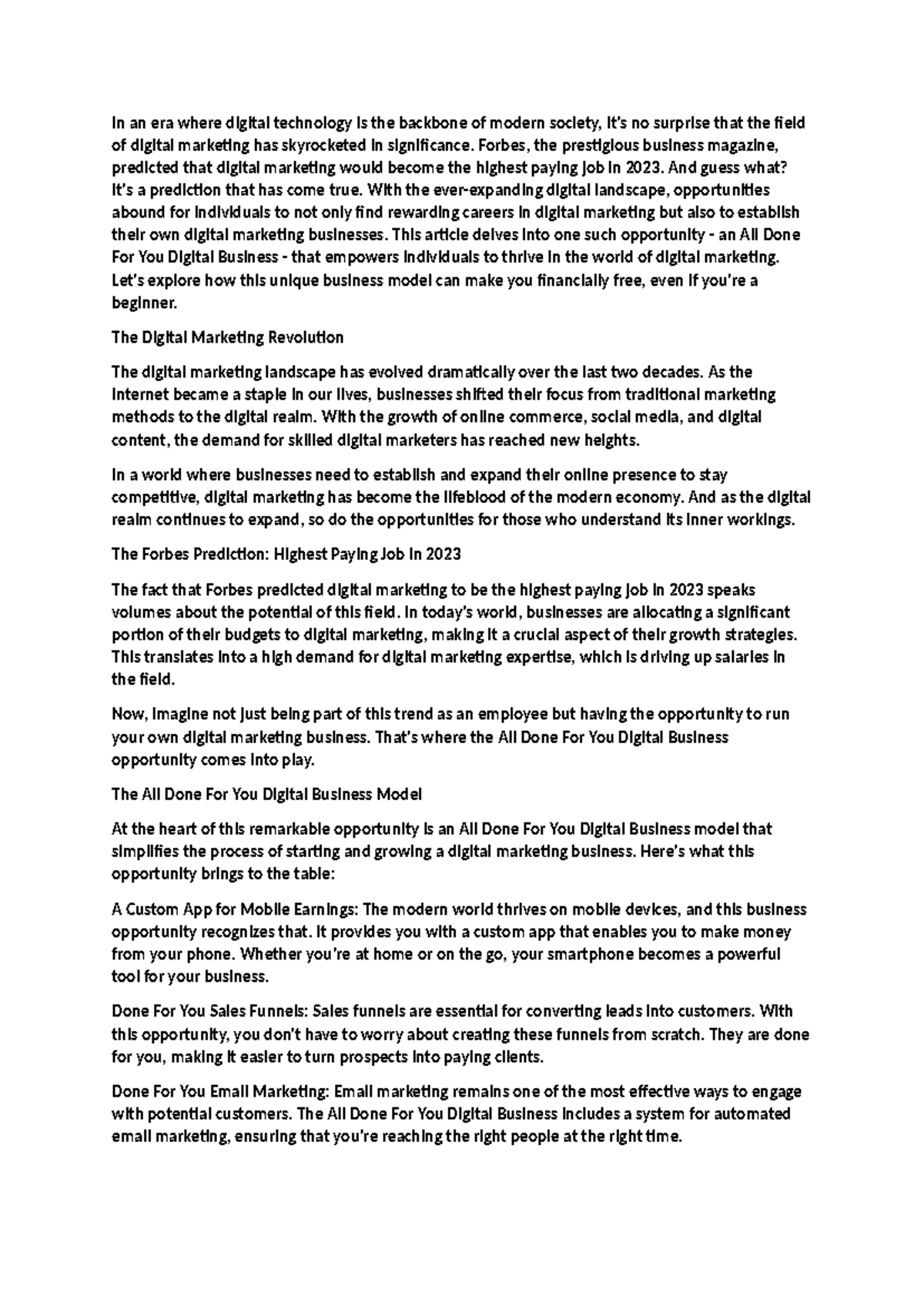 Digital Marketing Opportunities: All Done For You Business Model - Studocu