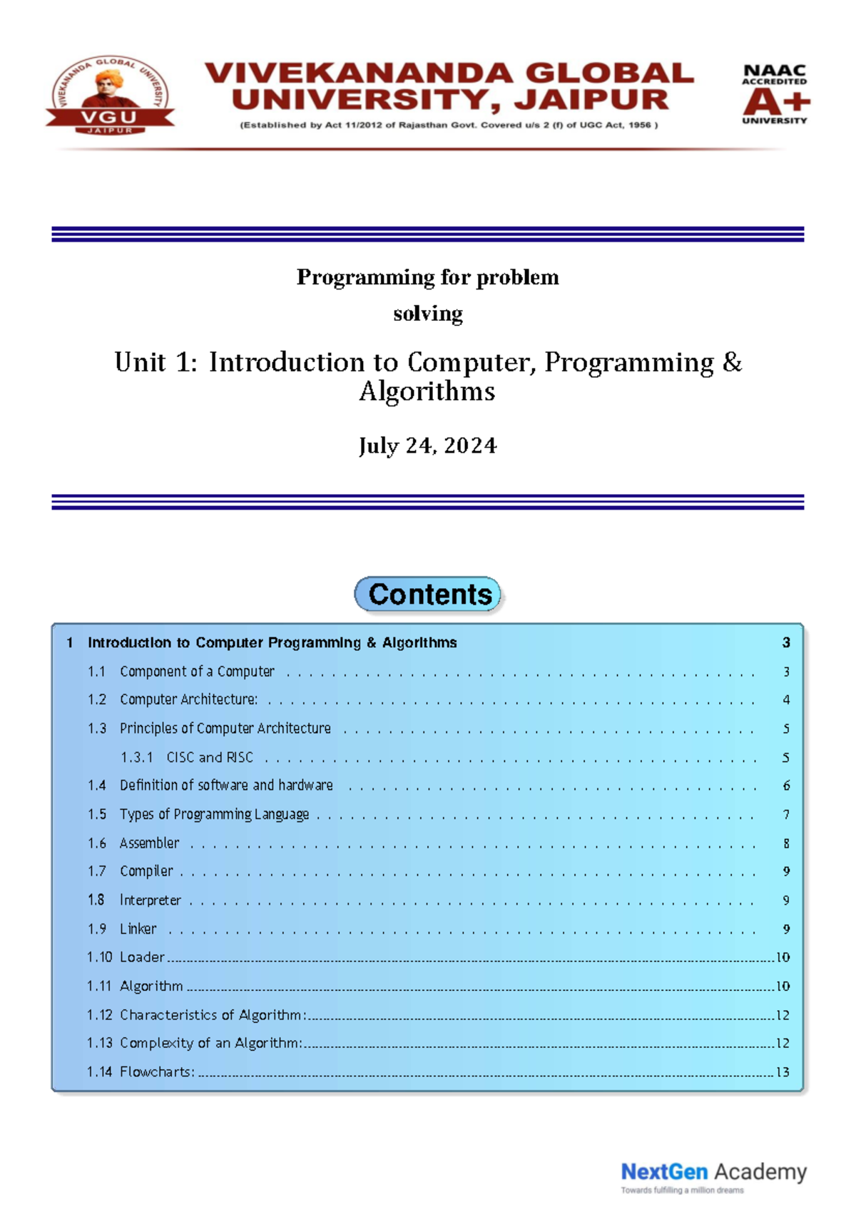 Unit 1: Intro to Computer Programming Algorithms (C Prog) - Studocu