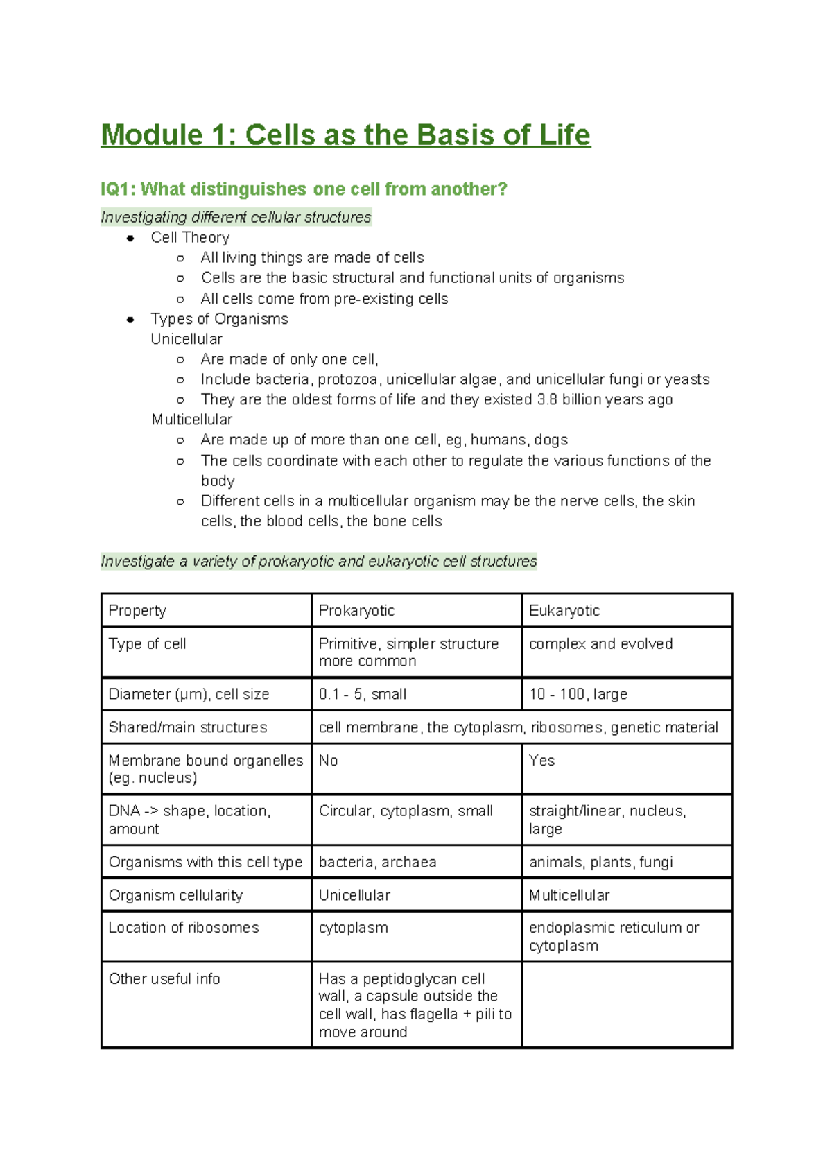 Preliminary Biology Notes: Module 1 - Cells and Life Fundamentals - Studocu