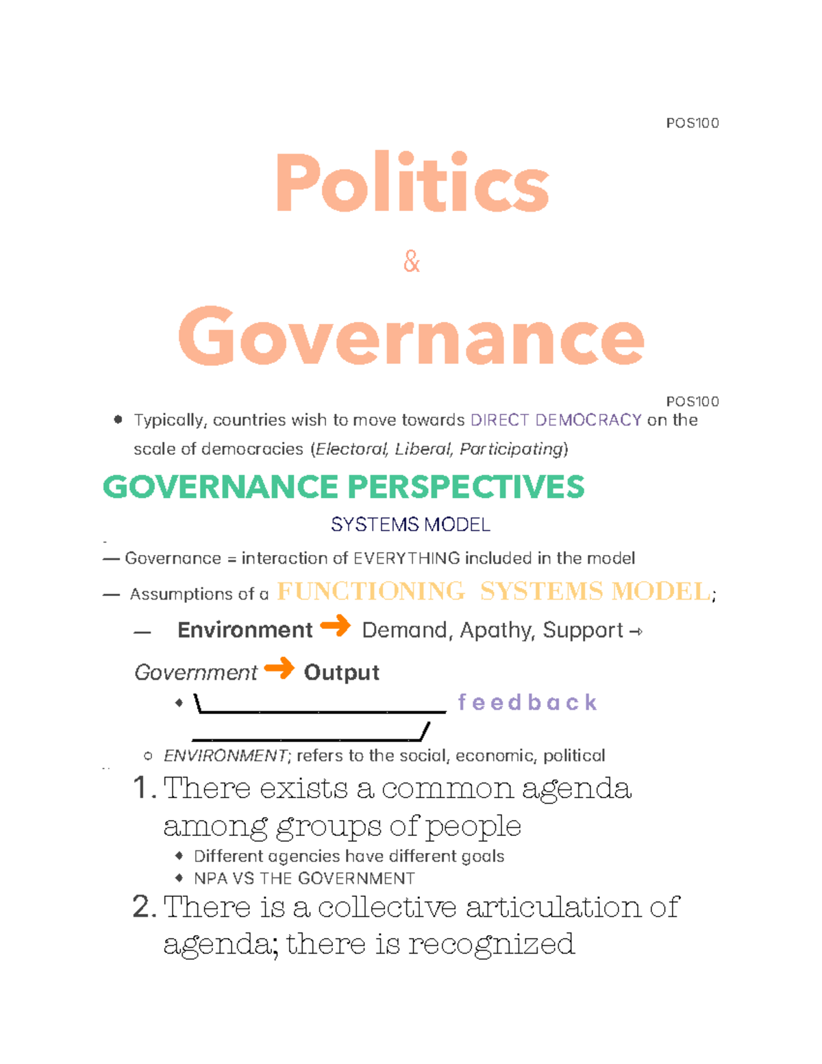 POS100 - personal notes - !. #. POS Politics & Governance POS Typic,lly ...