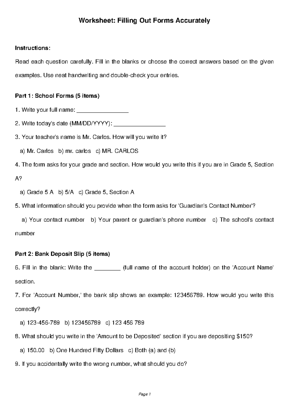 Grade 5 Worksheet: Fill Out Forms Accurately Explained - Studocu