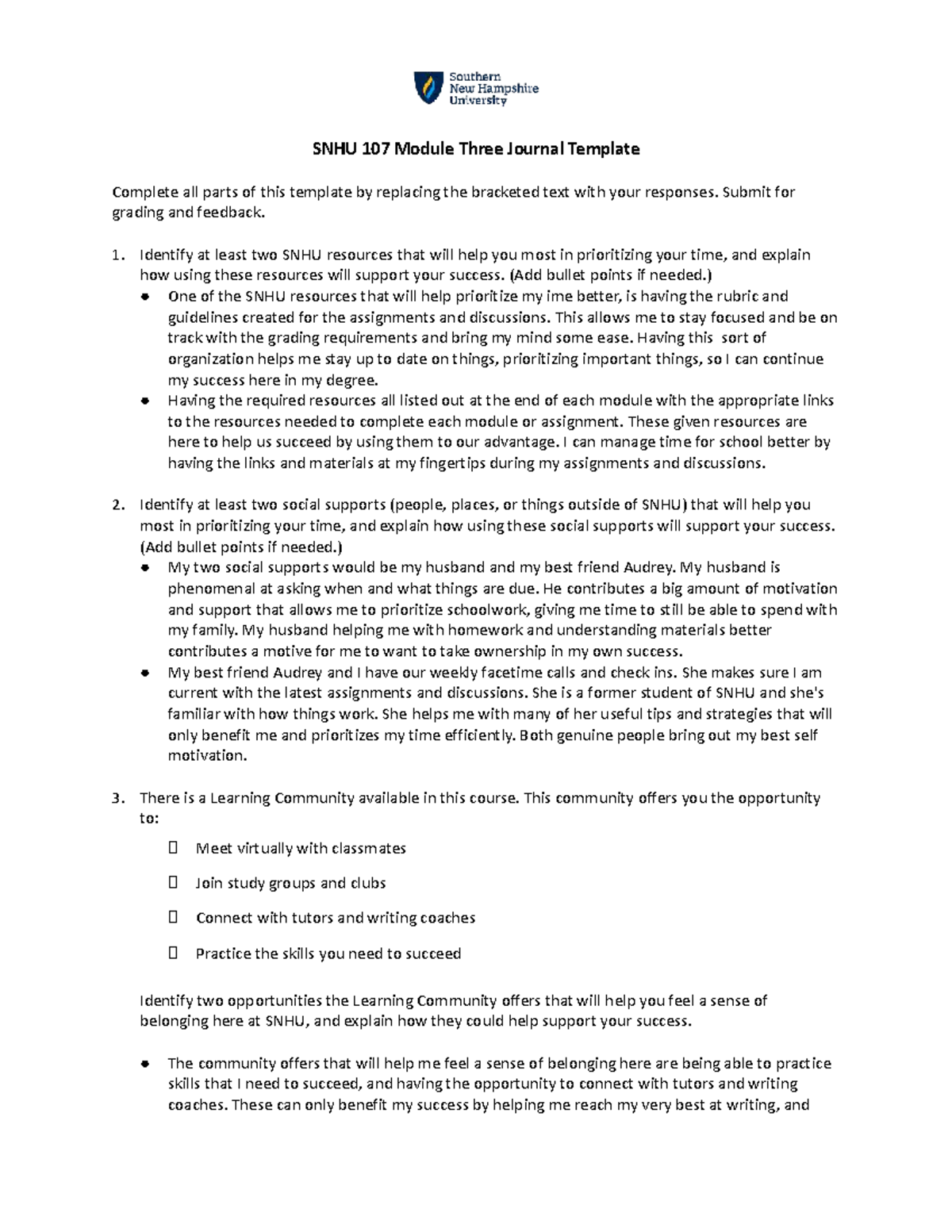SNHU 107 Module 3 Journal: Time Management & Support Strategies - Studocu