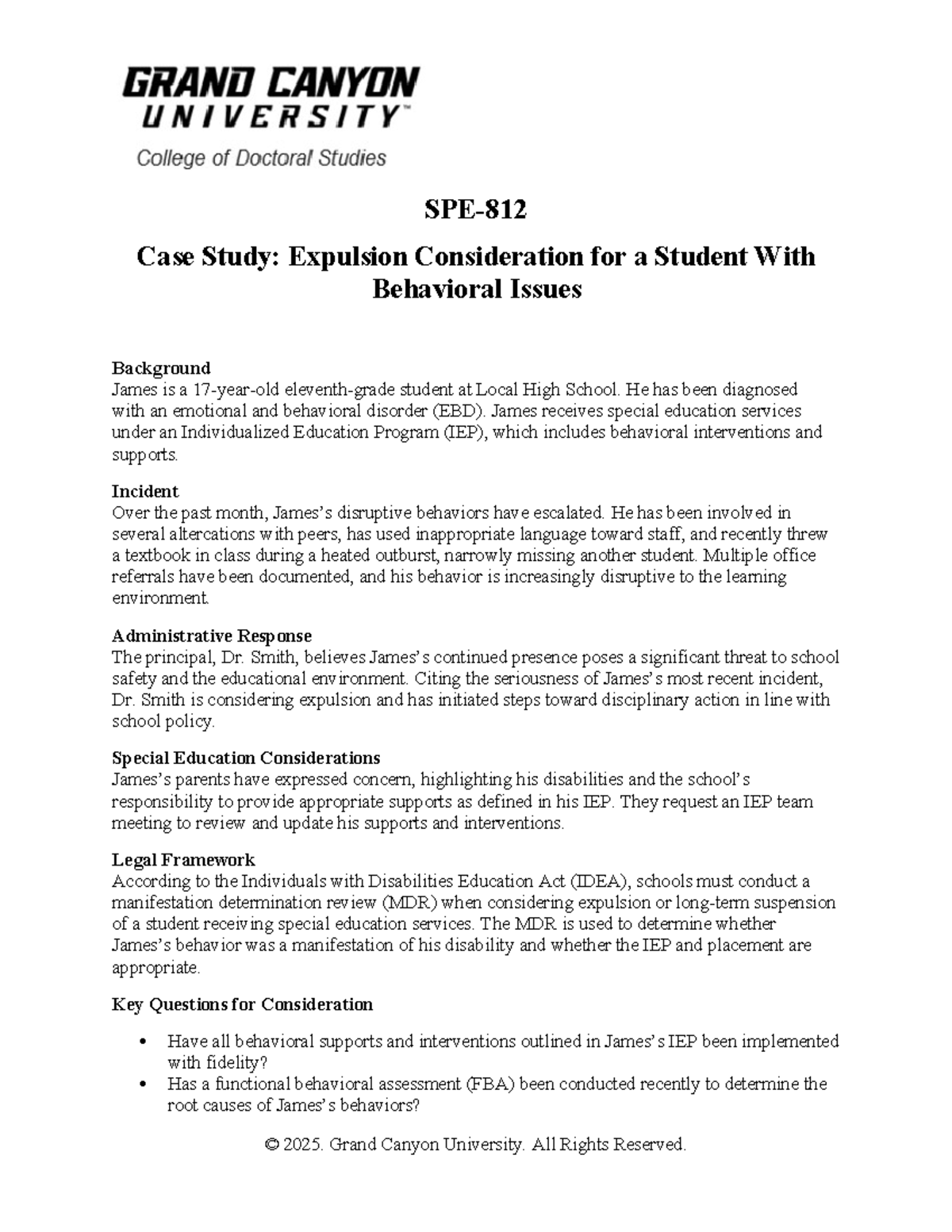 SPE 812 RS Case Study: Expulsion Consideration for EBD Student - Studocu
