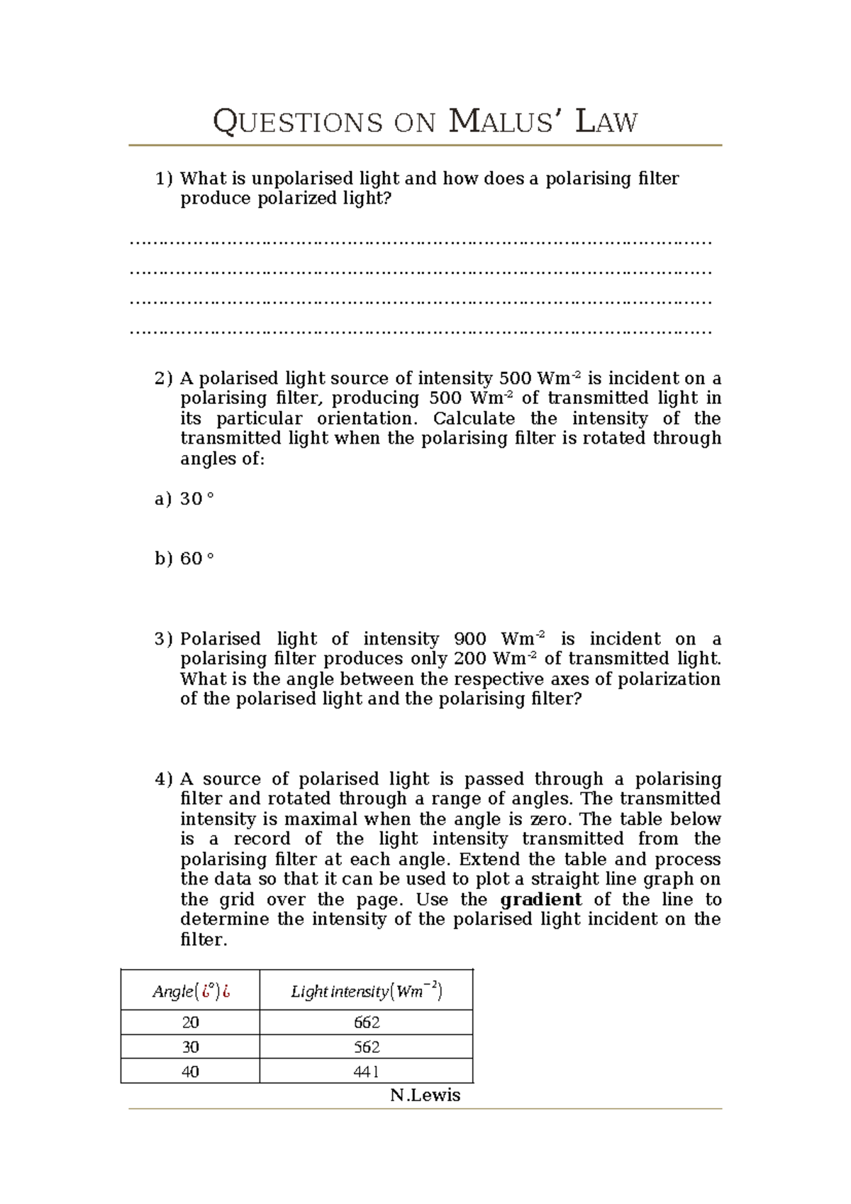 Questions on Malus' Law Analysis and Calculations - Studocu