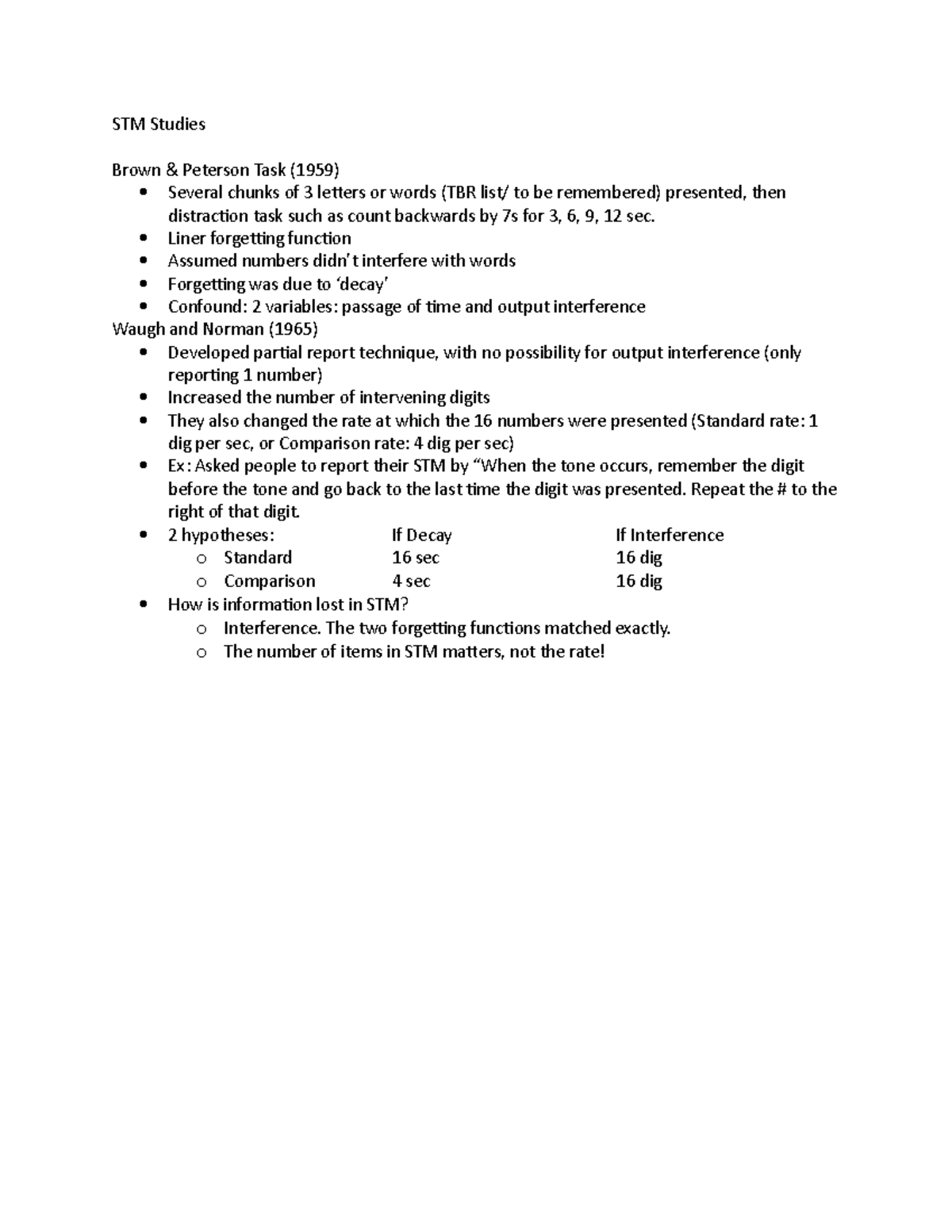 Ch 5 Short term memory notes cognition malavanti - STM Studies Brown ...