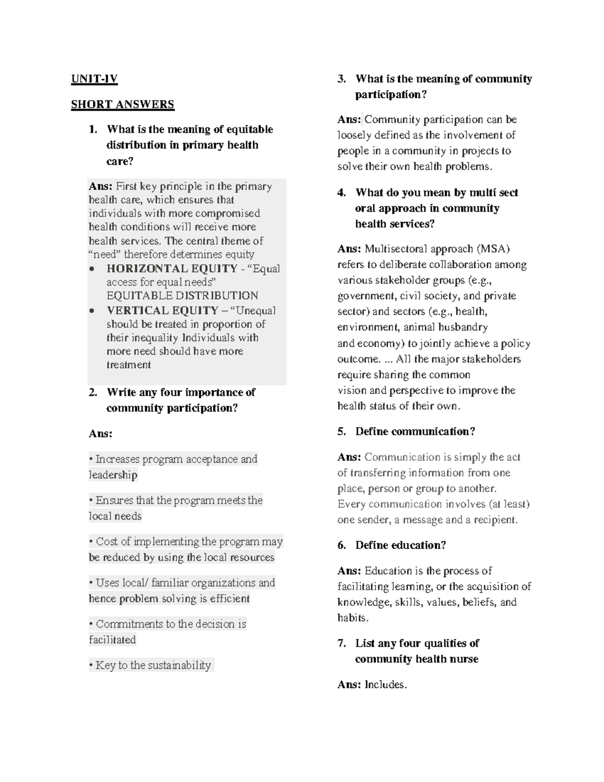 Community Health Nursing: Short Answer Study Guide (Unit IV & VII ...