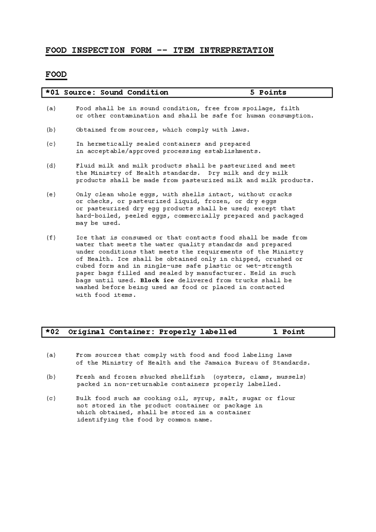 Food Inspection Form (2): Item Interpretation & Compliance Guidelines ...