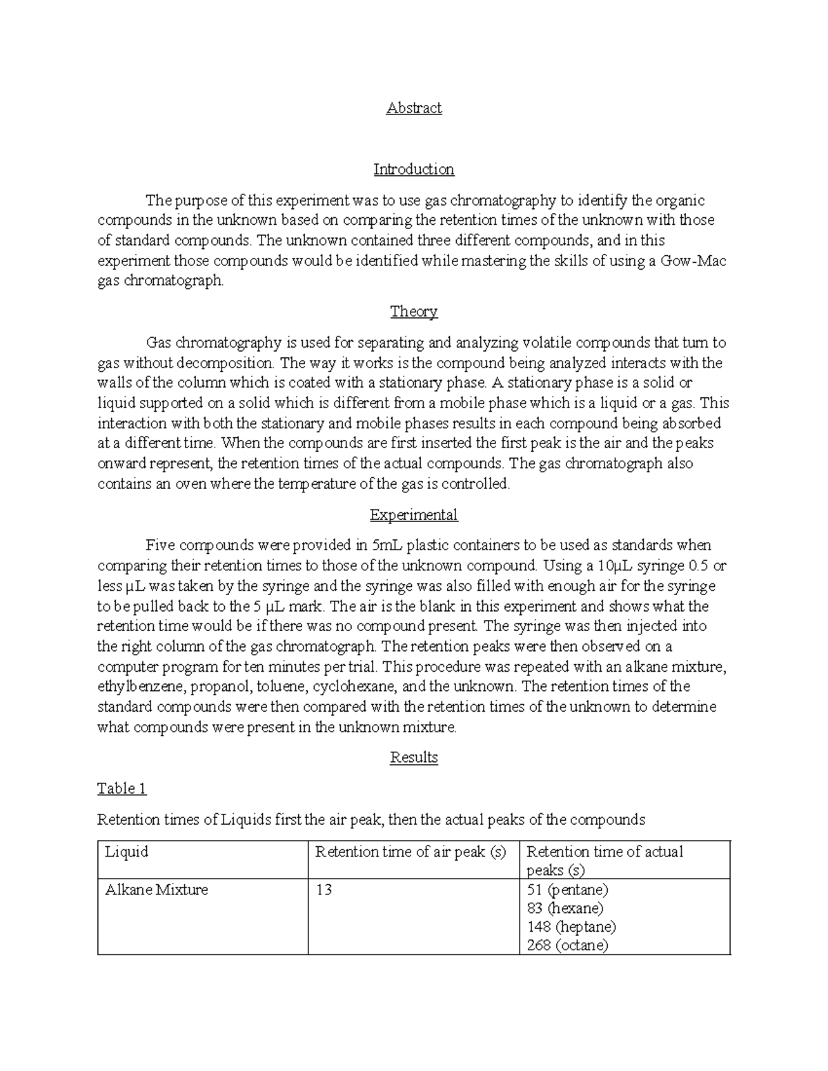 Gas Chromatography Lab Report: Identifying Unknown Compounds - Studocu