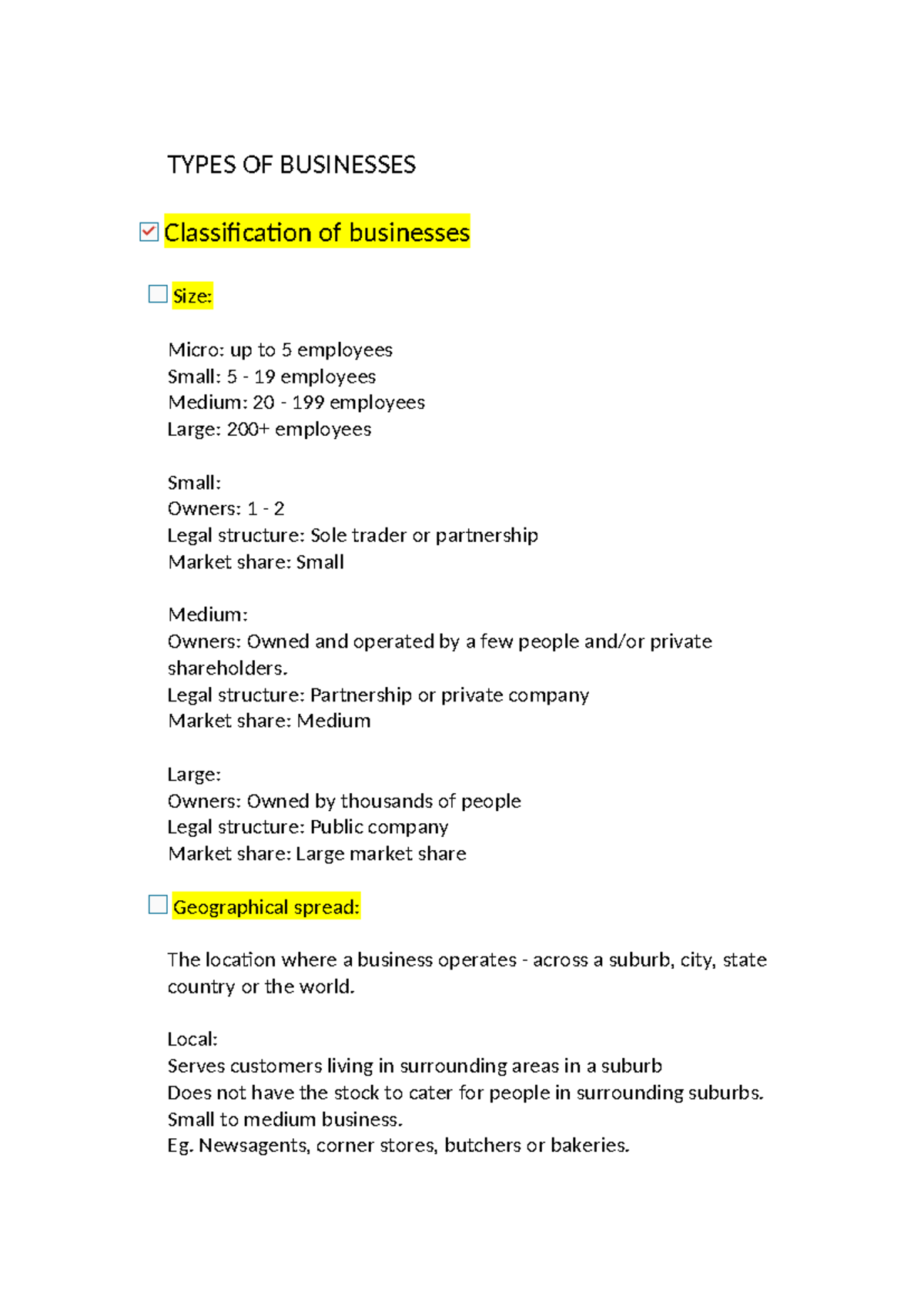 Types of Businesses - Study Notes (BUS101) - Studocu