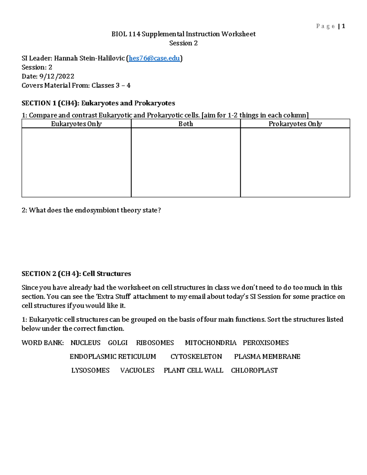 BIOL 114 SI Session 2 Worksheet - BIOL 114 Supplemental Instruction Worksheet Session 2 SI ...