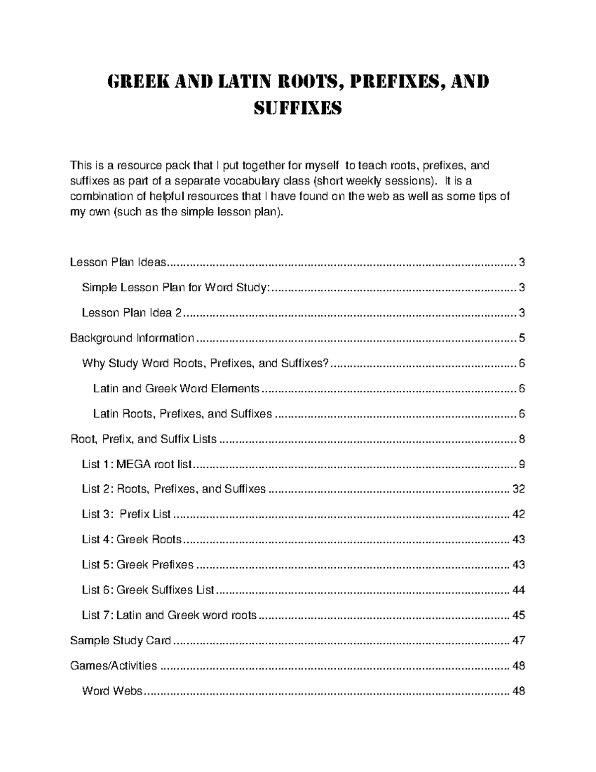 Greek and Latin Roots, Prefixes, and Suffixes: Lesson Plan Resources ...