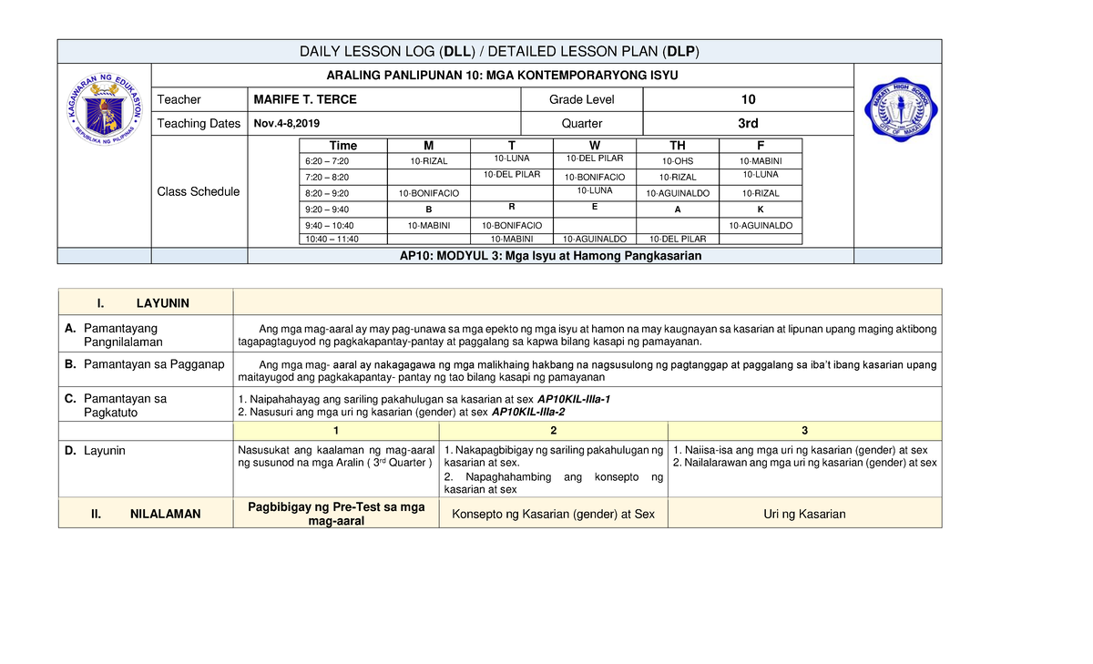 Pdfcoffee - module - DAILY LESSON LOG (DLL) / DETAILED LESSON PLAN (DLP) ARALING PANLIPUNAN 10 ...