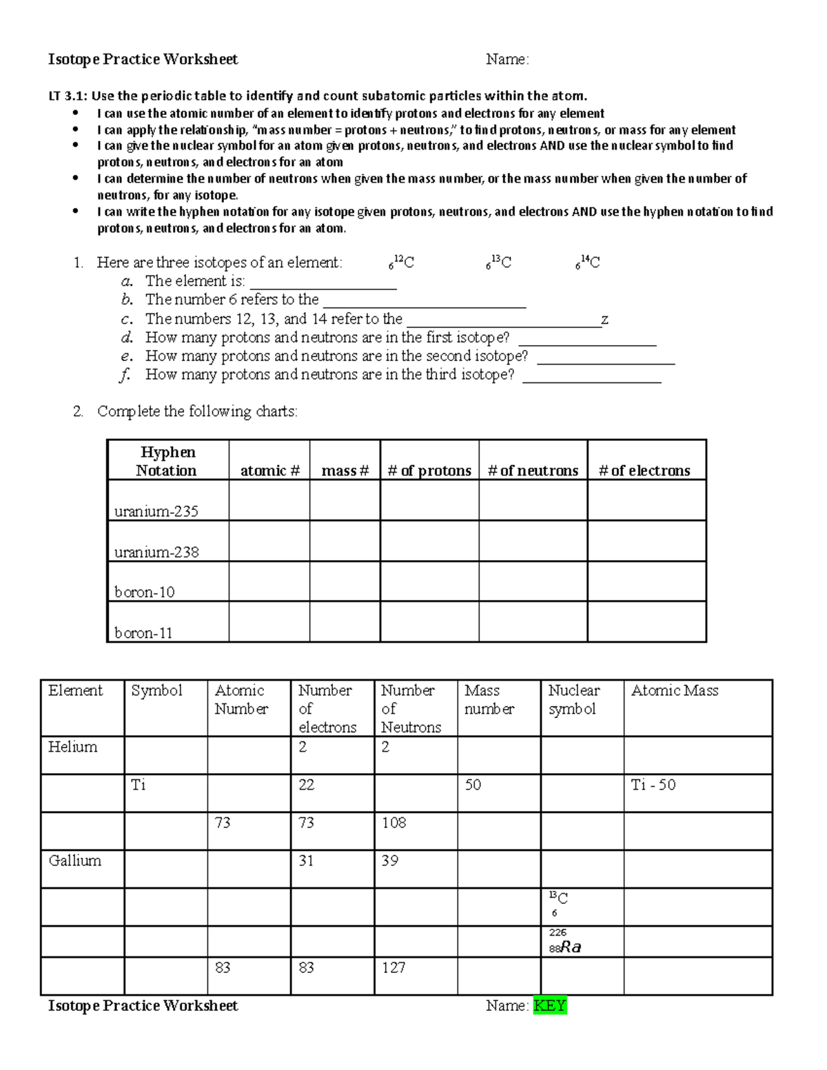 Isotope Practice Worksheet with Key for LT 3: Counting Subatomic ...