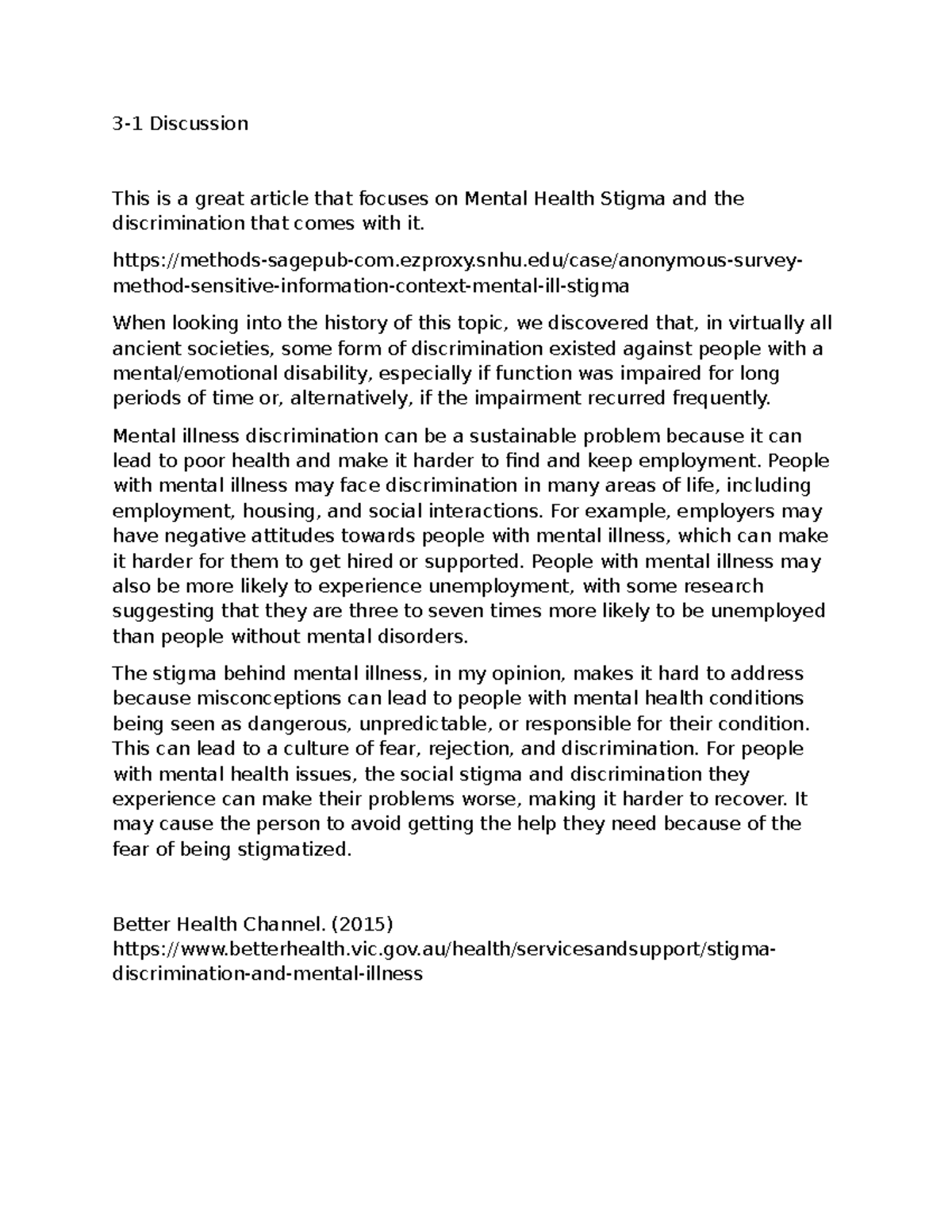 3-1 Discussion on Mental Health Stigma and Its Sustainable Impact - Studocu