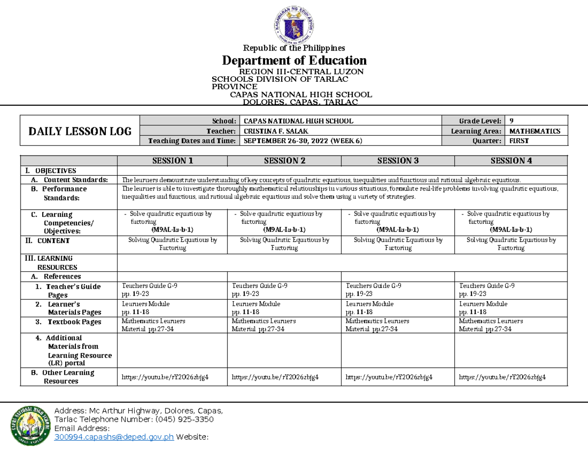 Daily Lesson Log for Grade 9 Mathematics: Quadratic Equations (Week 6 ...