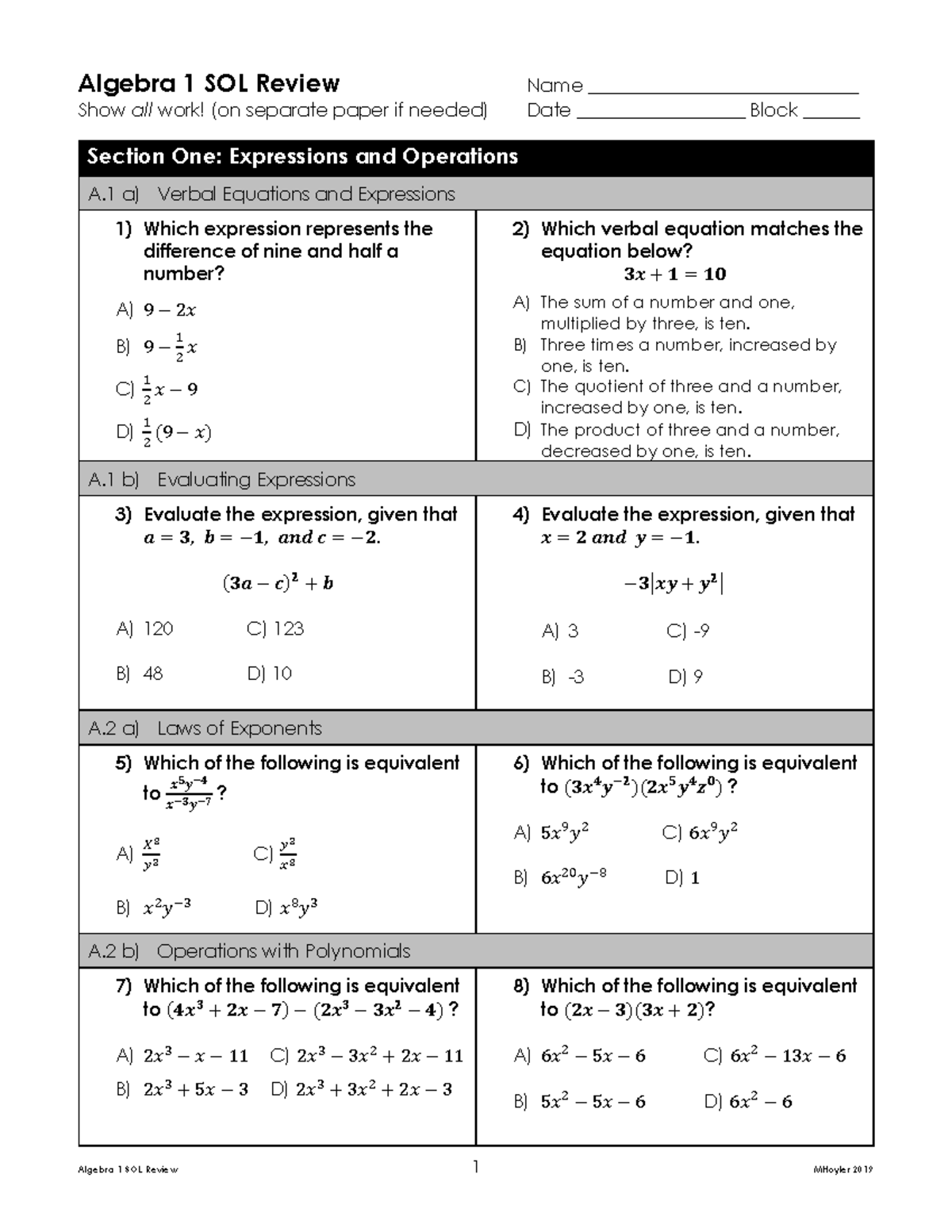 Algebra 1 VA SOL Final Review Packet - Studocu