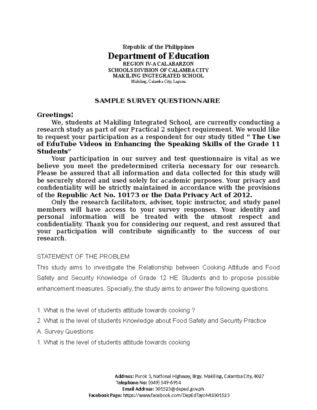 Sample Survey Questionnaire for Grade 12 HE Students on Cooking ...