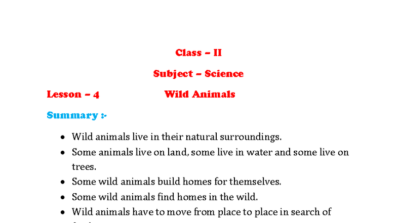 Class II Science Lesson 4: Summary of Wild Animals - Studocu