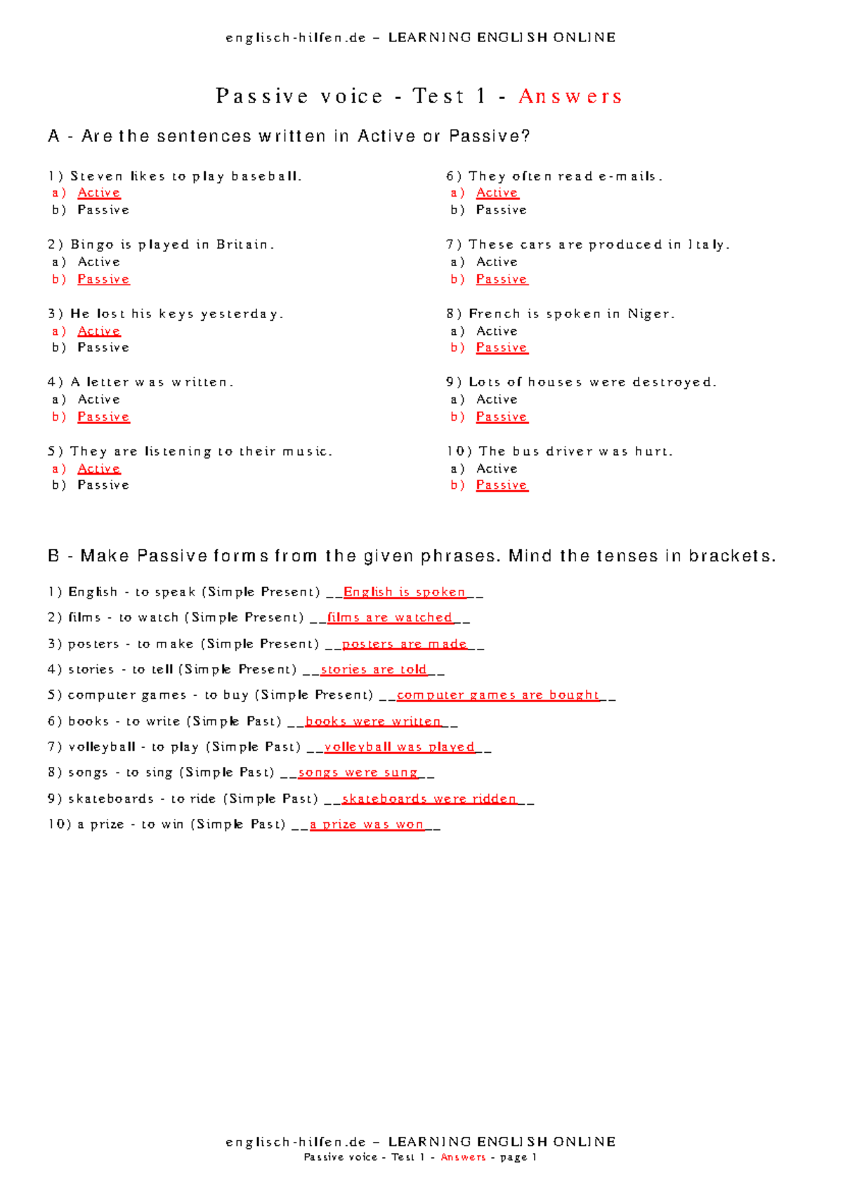 LEARNING ENGLISH ONLINE Passive Voice Test 1 Answers - Studeersnel