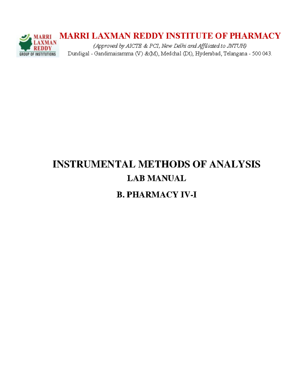 Instrumental Methods of Analysis Lab Manual for B. Pharmacy IV-I - Studocu