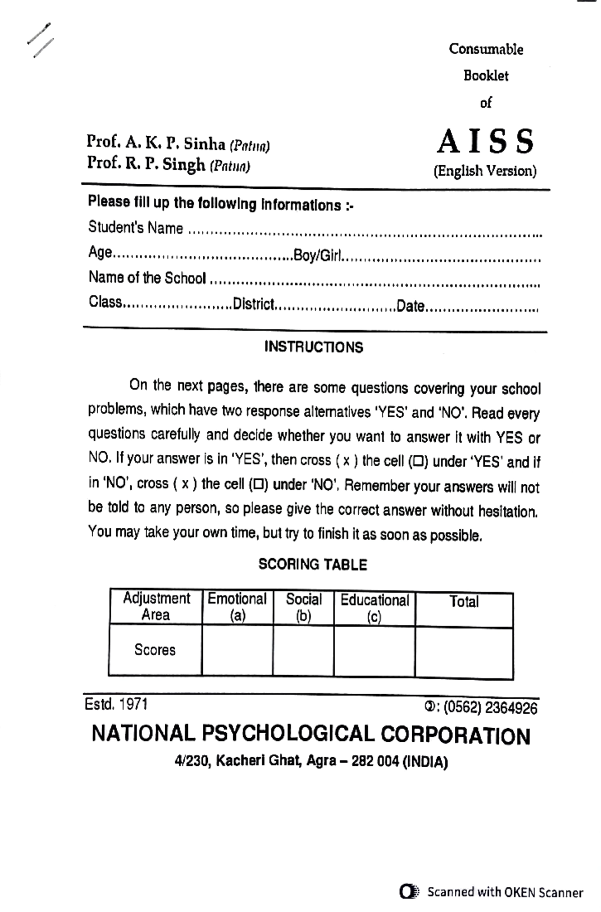 AISS Questionnaire - 123 - Consumable Booklet of Prof. A. K. P. Sinha (Patua) AISS Prof. P ...