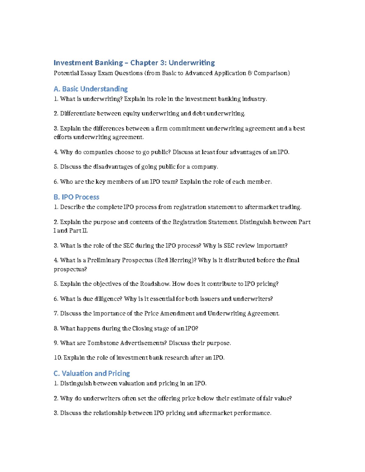 Investment Banking (FIN 301) Chapter 3: Underwriting Essay Exam ...