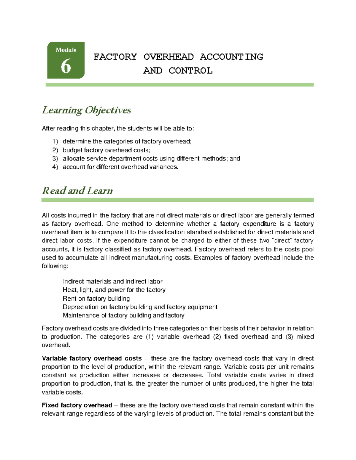 Module 6 Factory Overhead Accounting and Control - Accountancy - Studocu