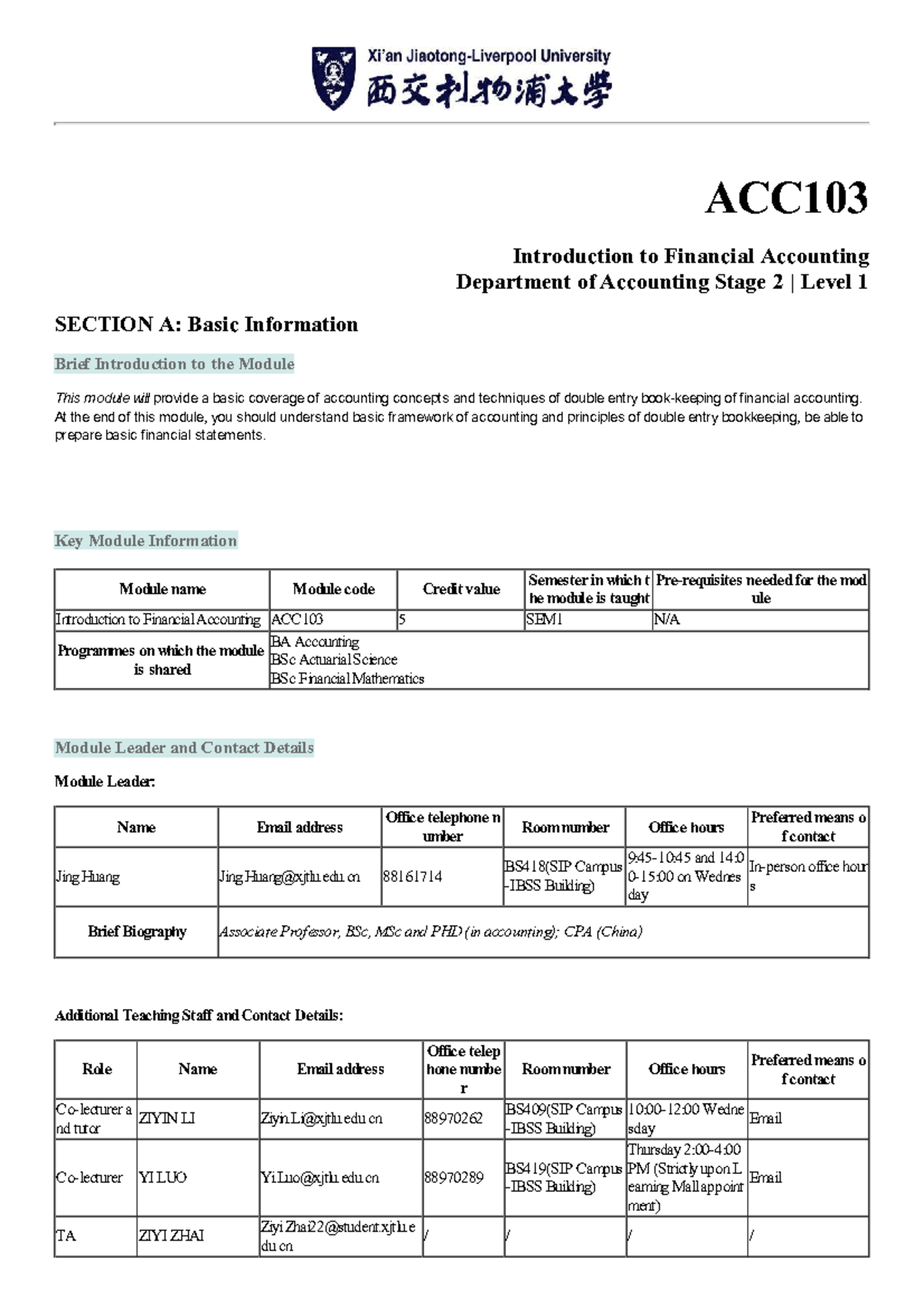 ACC103 Introduction to Financial Accounting Syllabus Overview - Studocu