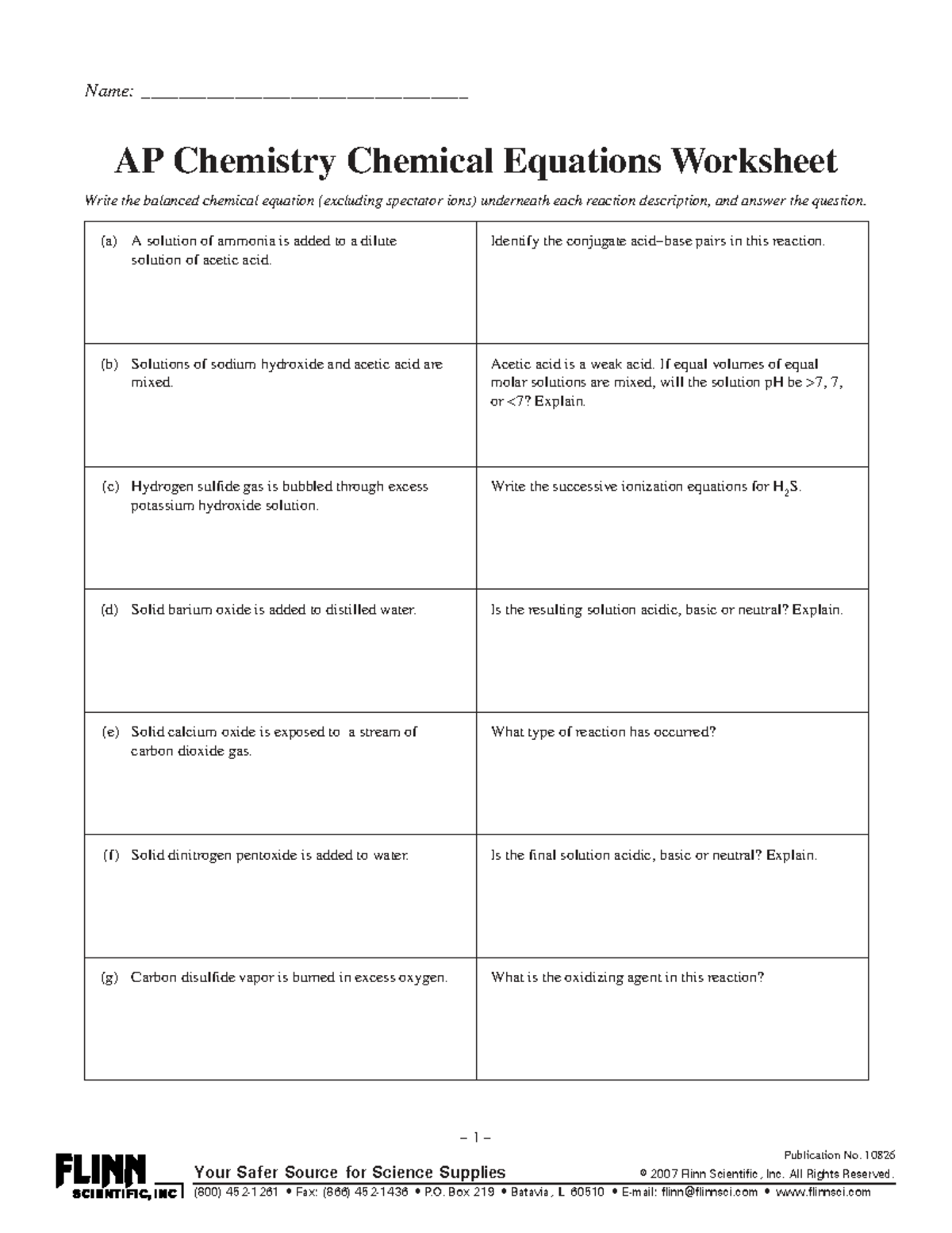 AP Chemistry (AP Chem) Chemical Equations Worksheet and Answer Key ...