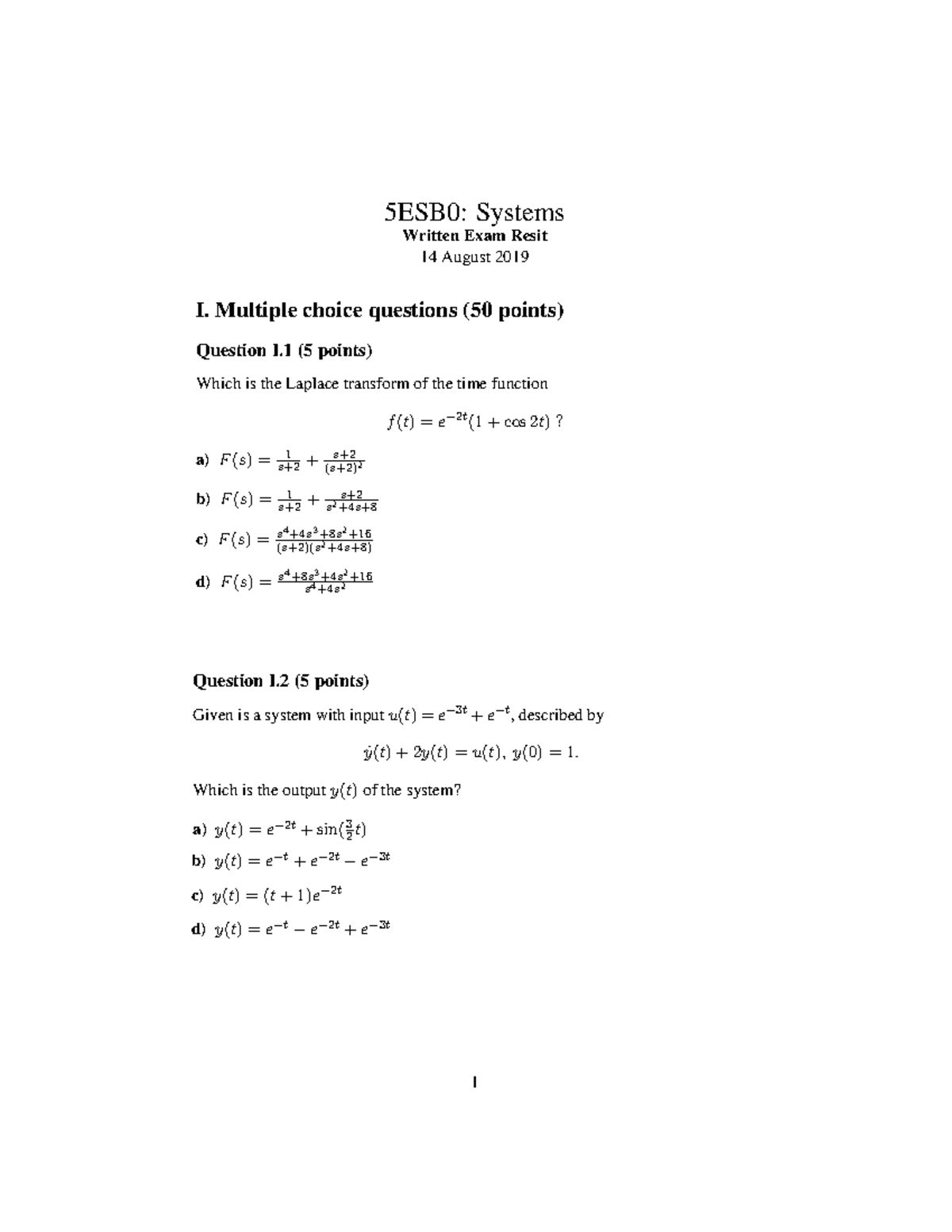 5ESB0 2019 Exam Resit: Systems Theory Questions and Solutions - Studeersnel