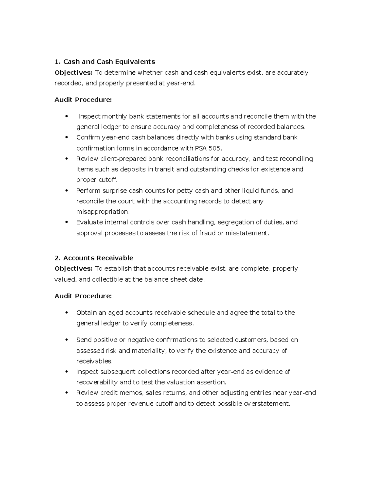 Audit Procedures for Cash, Receivables, Inventory, and Revenue - Studocu