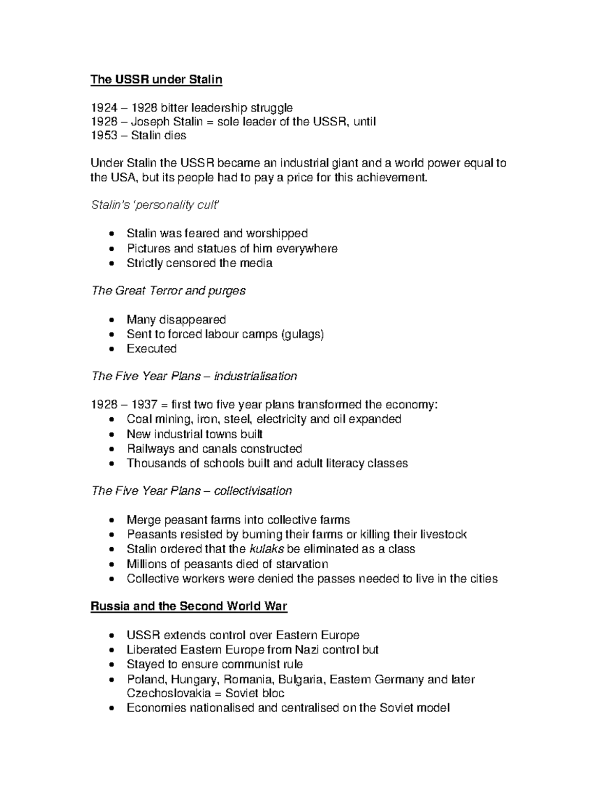 Grade 11 History: Study Notes on the USSR under Stalin - Studocu