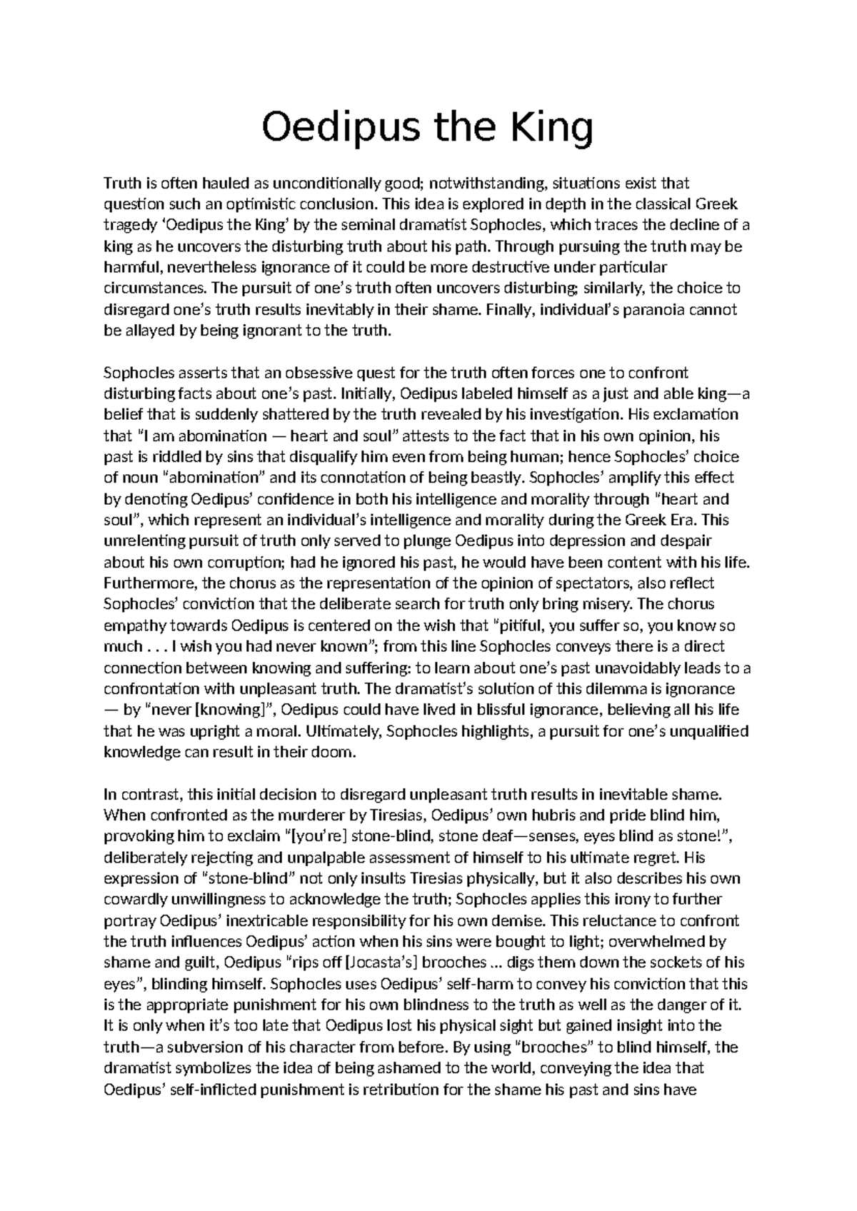 Oedipus the King: The Perils of Truth and Ignorance in Sophocles ...