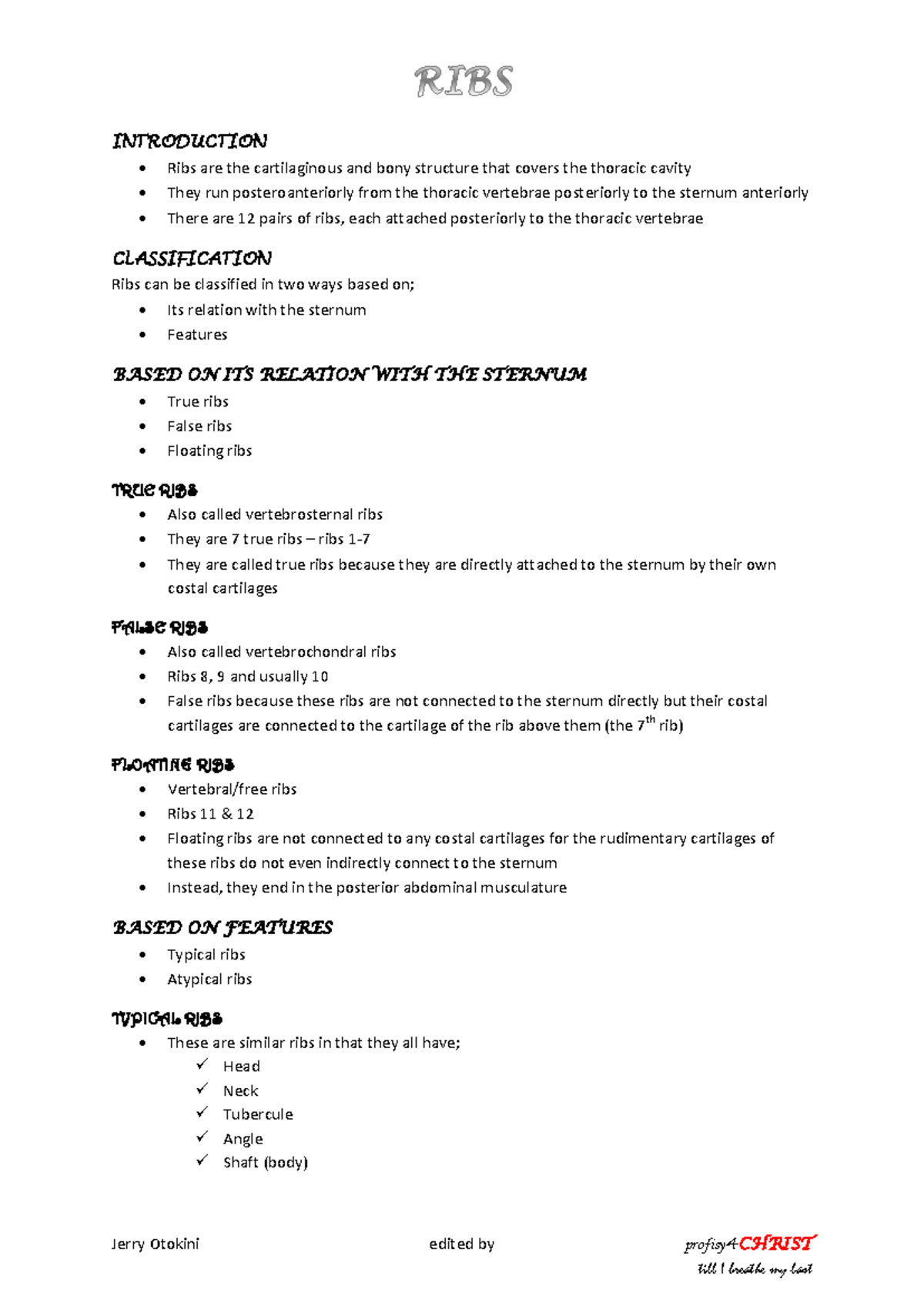 ANA RIBS - Anatomy of Ribs: Classification and Features - Studocu