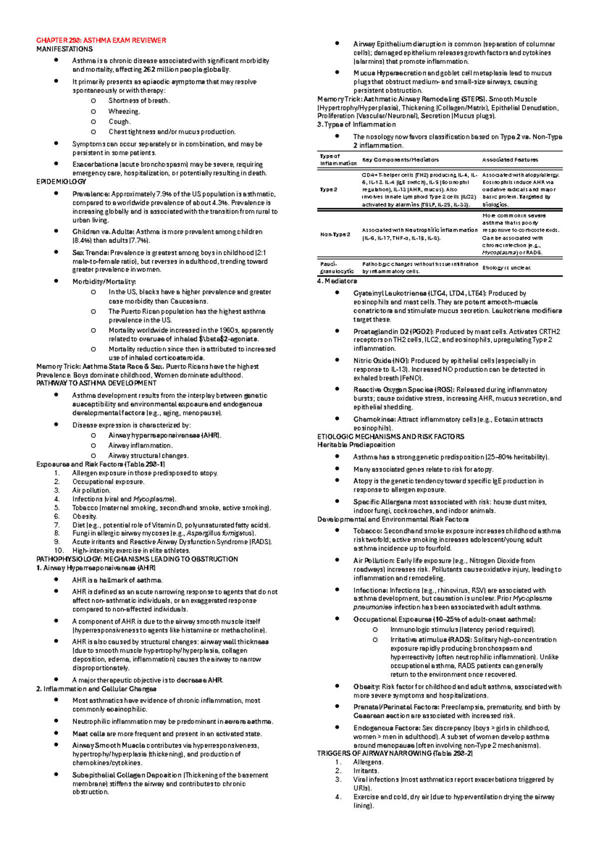 CHAPTER 298: ASTHMA EXAM REVIEWER AND MANIFESTATIONS - Studocu
