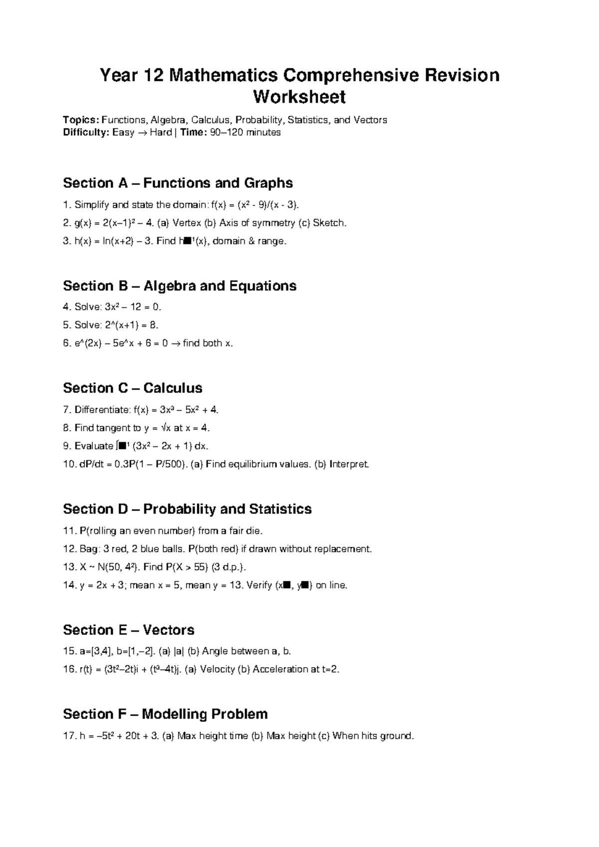 Year 12 Maths Comprehensive Revision Worksheet: Functions, Algebra ...