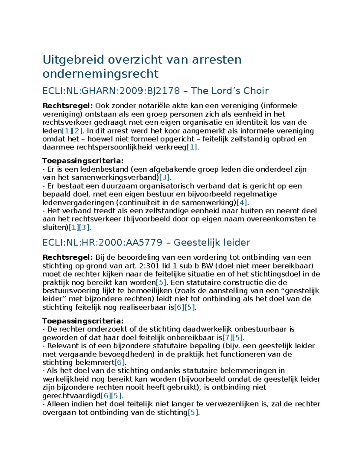 Uitgebreid Overzicht van Arresten Ondernemingsrecht ECLI:NL - Studeersnel