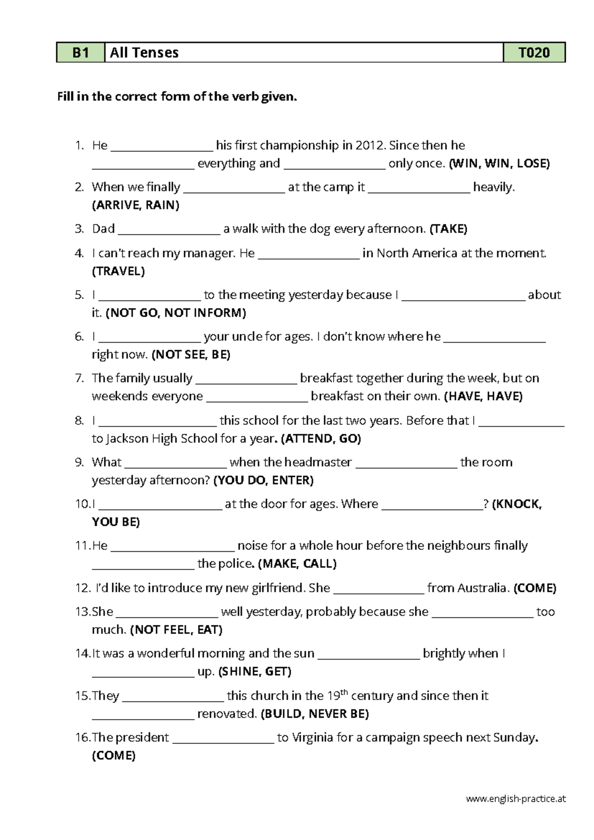 B1 T020 All Tenses: Fill in the Correct Verb Forms Exercise - Studeersnel