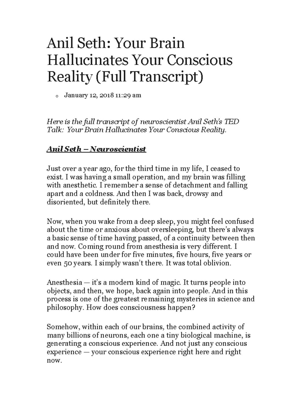 Anil Seth: Understanding Consciousness as a Controlled Hallucination ...