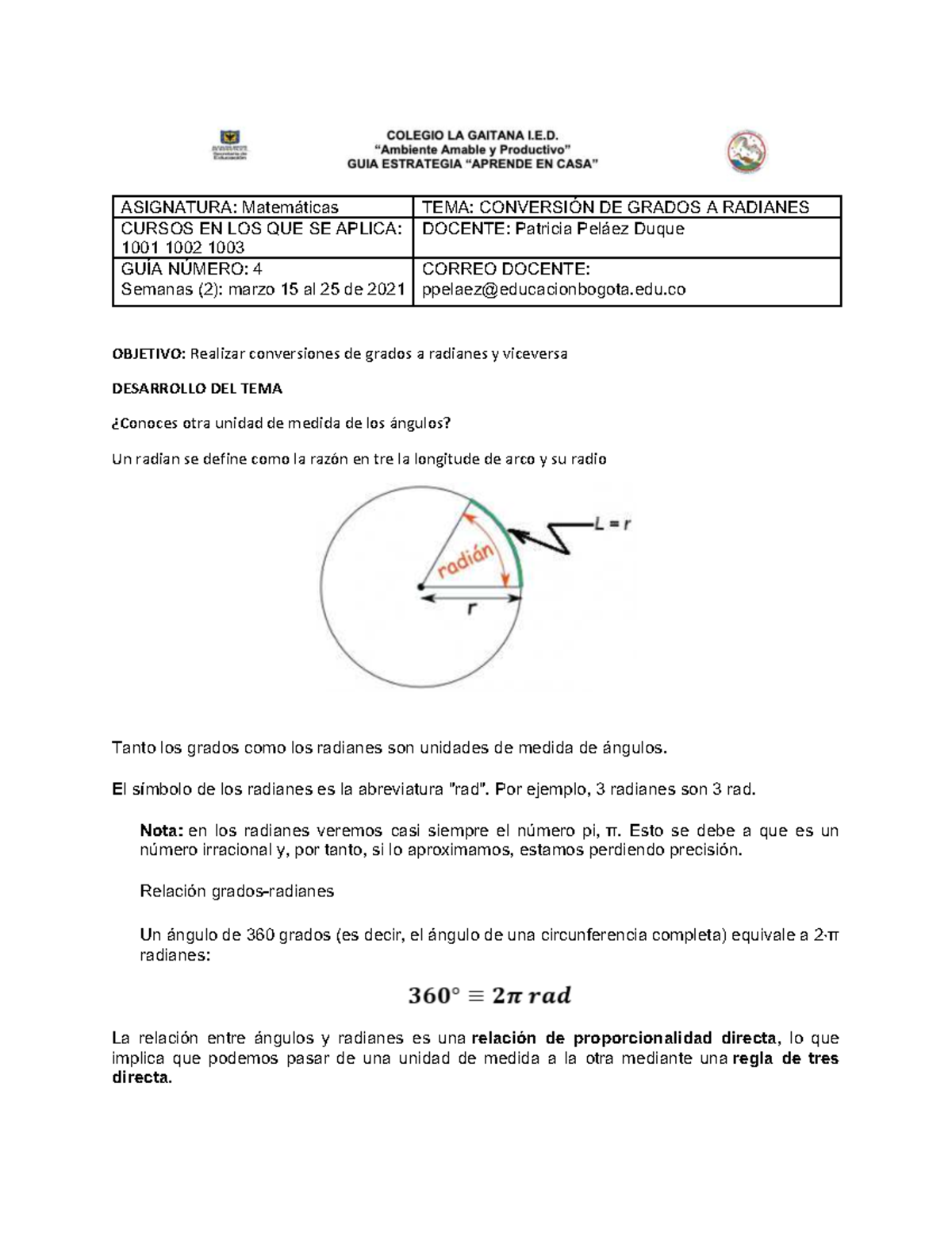 Guía 4: Conversión de Grados a Radianes - Matemáticas 1001 1002 1003 ...
