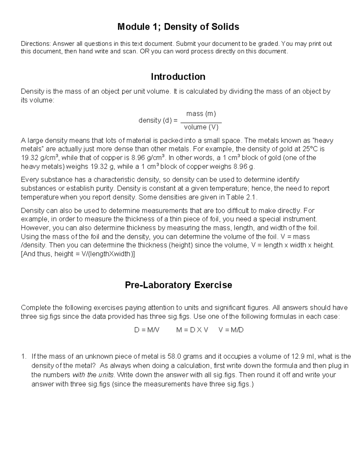Module 1: Density of Solids - Introduction & Pre-Lab Exercises - Studocu