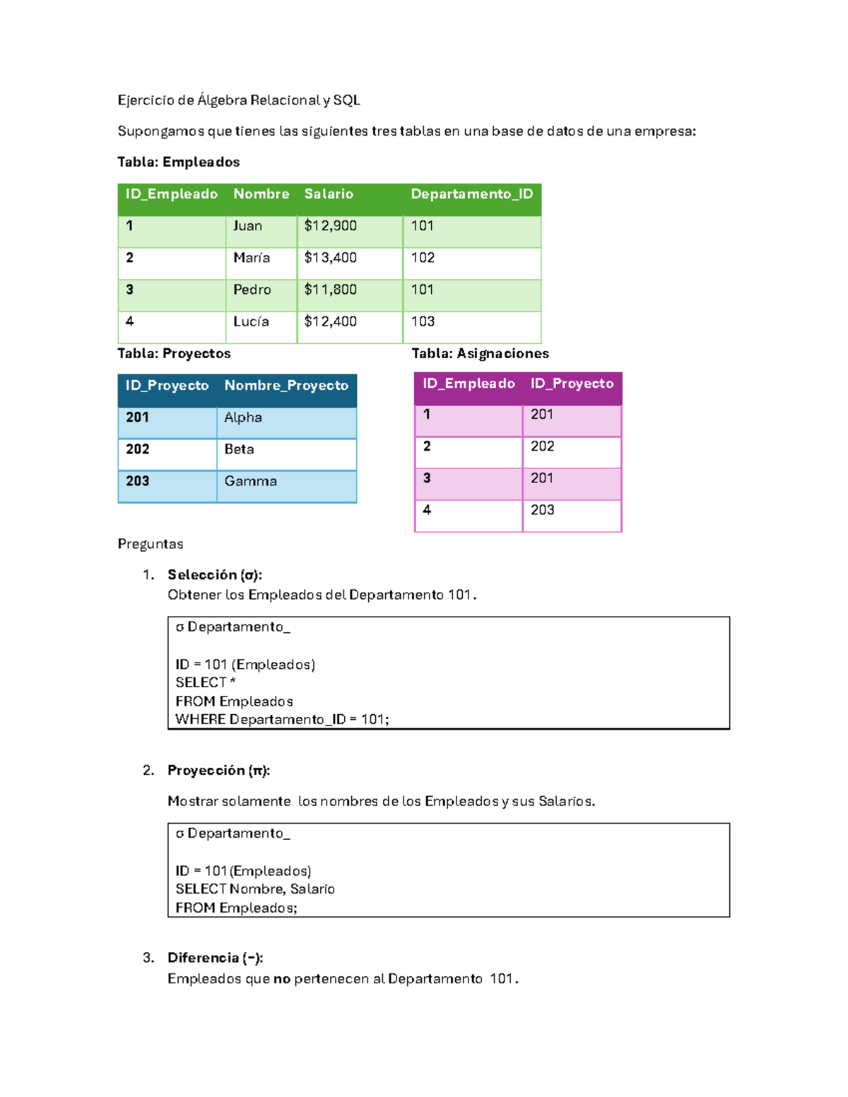 Ejercicio de Álgebra Relacional y SQL - Ejercicio 1 - Studocu