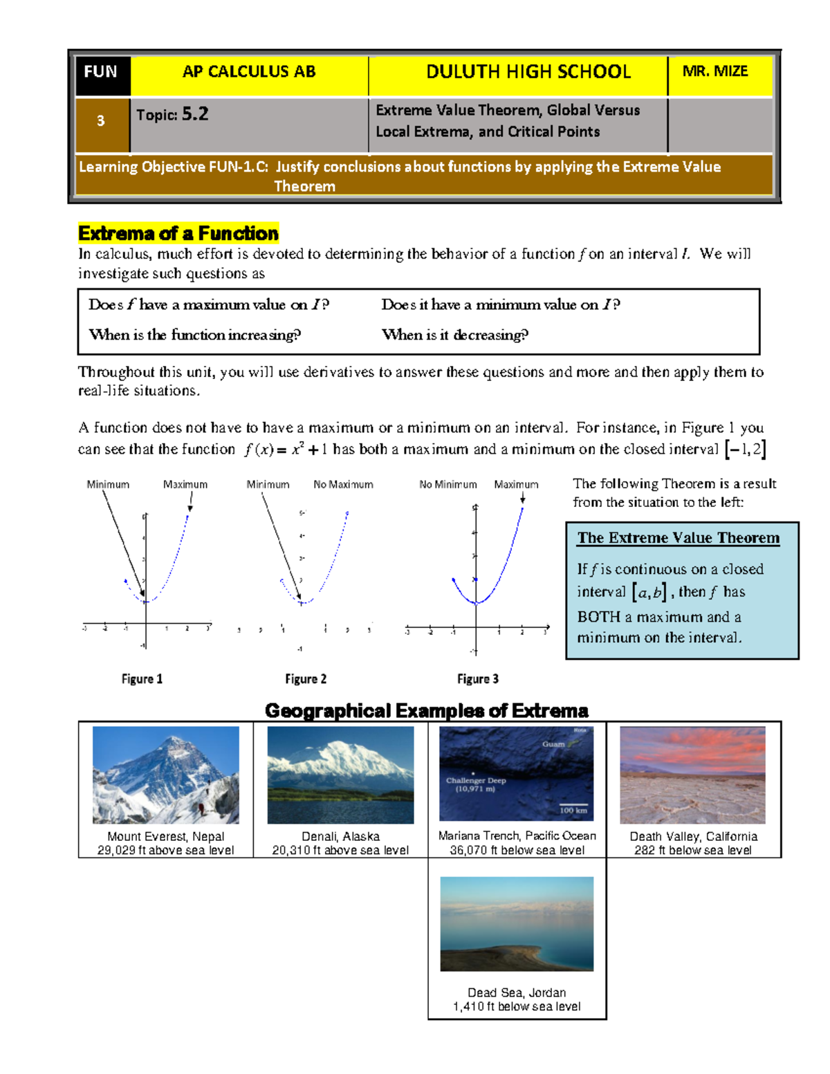 5.2 - Extreme Value Theorem, Global Versus Local Extrema, and Critical ...