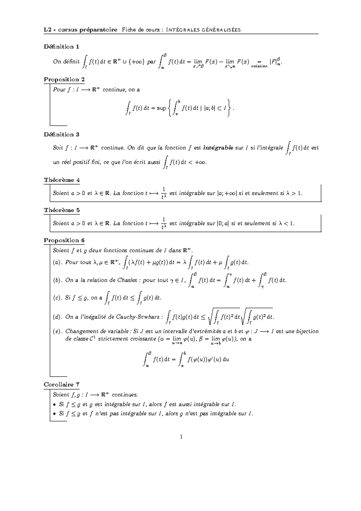 Fiche de cours L2 : Intégrales généralisées et propriétés essentielles ...