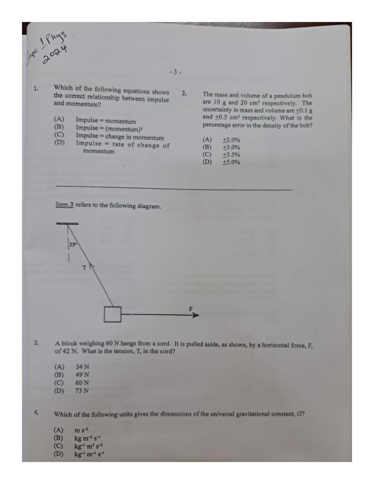 CAPE Physics U1 P1 2024 Mock Exam Questions and Solutions - Studocu