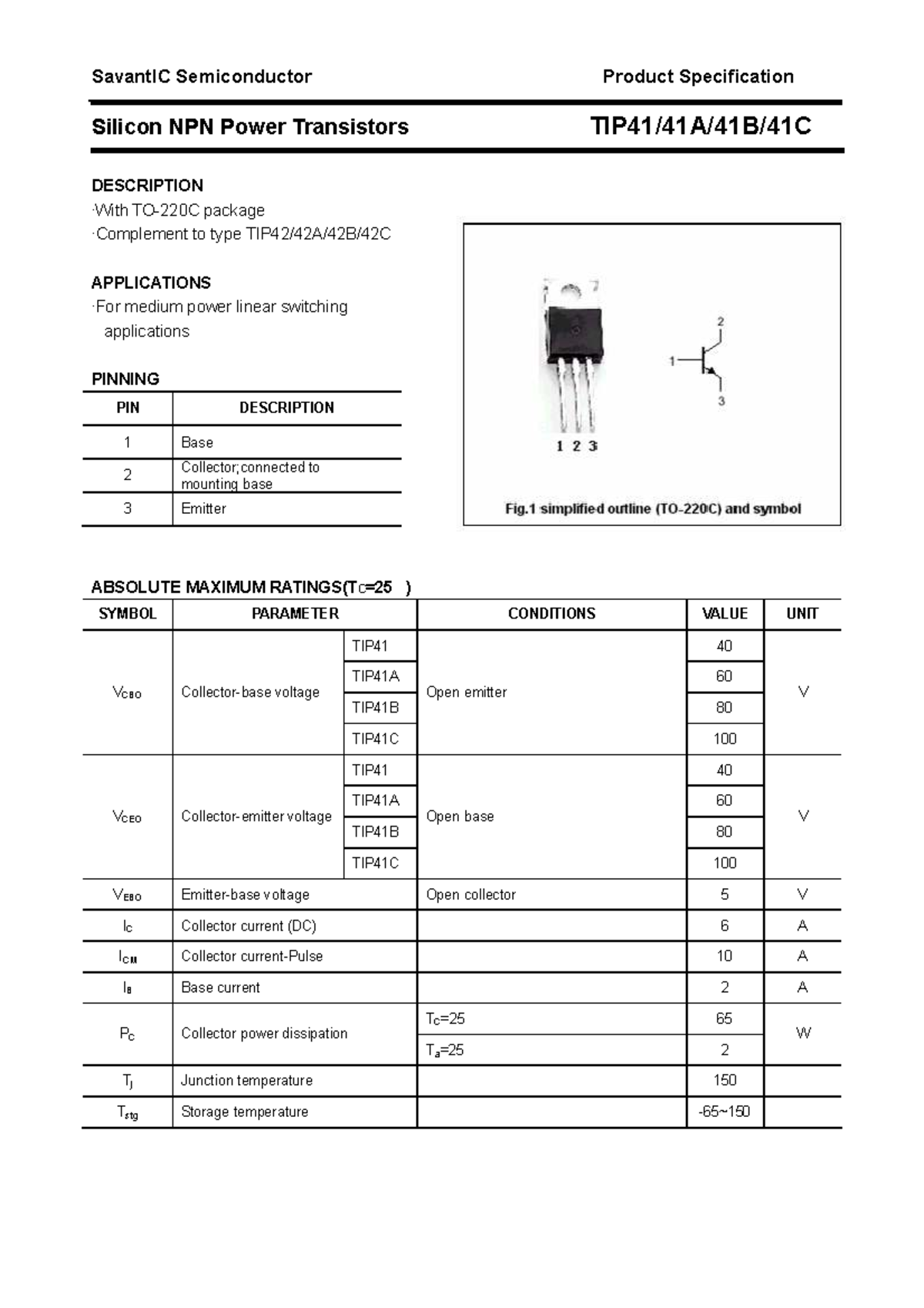 TIP41 - SavantIC Silicon NPN Power Transistor Specifications - Studocu