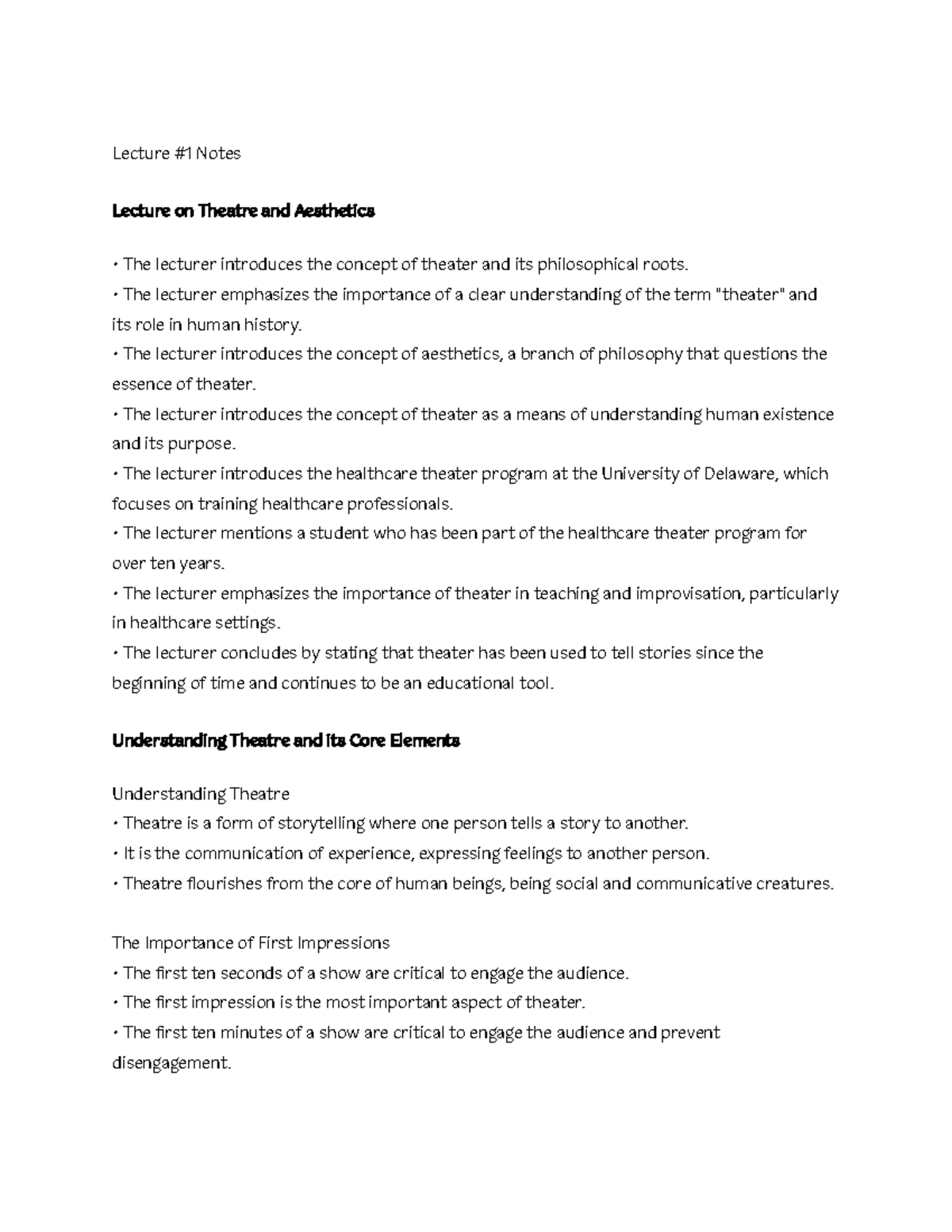 Theater Notes: Lecture on Theatre and Aesthetics (THR 101) - Studocu