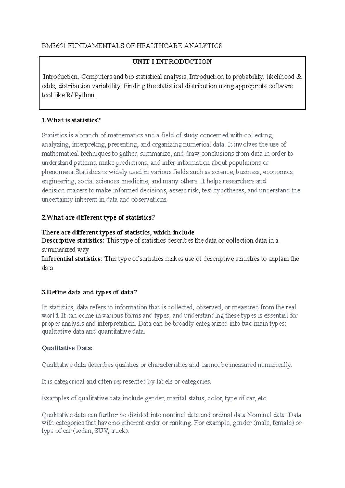 BM3651 Fundamentals of Healthcare Analytics: Unit I Overview - Studocu