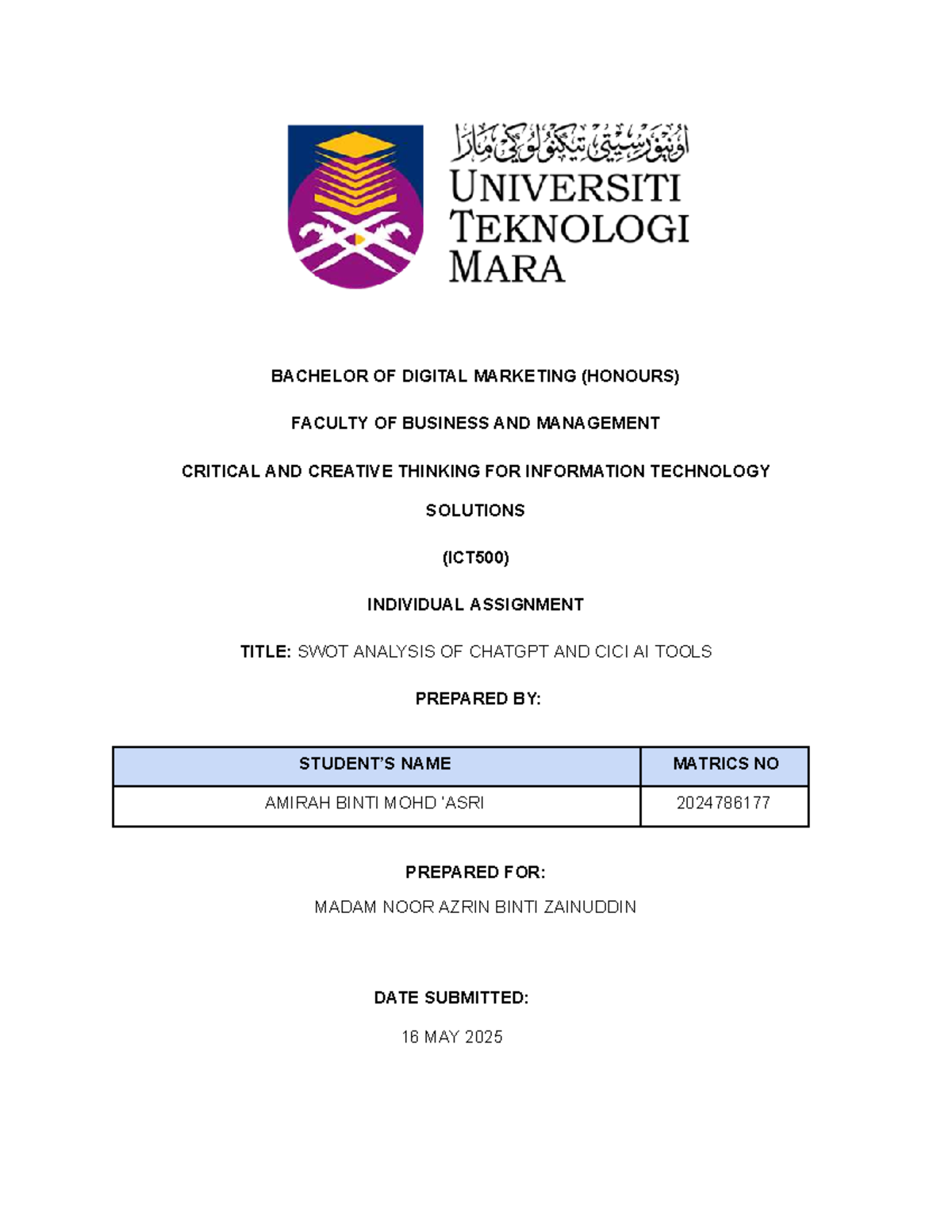 ICT500 Individual Assignment: SWOT Analysis of ChatGPT & Cici AI Tools - Studocu